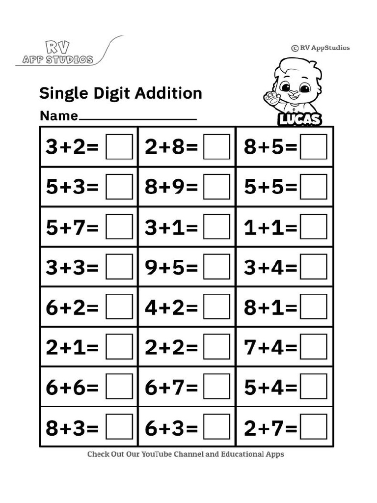 144 Free Printable Worksheets For Kids Single Digit Addition Worksheets ...