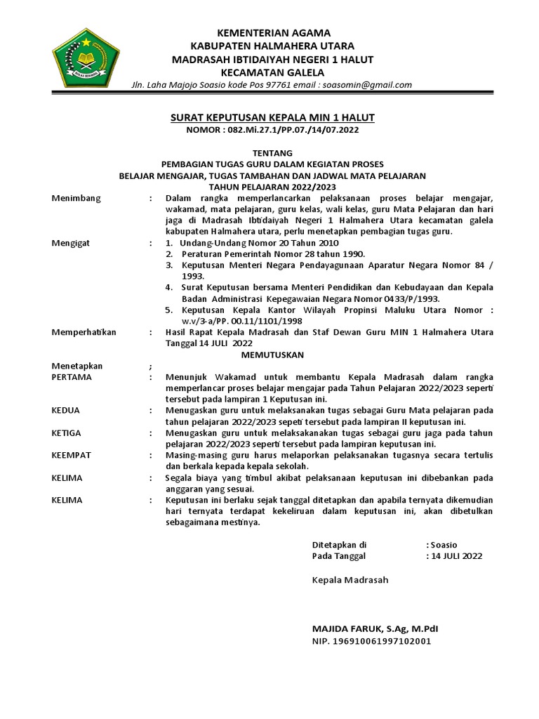 SK Pembagian Tugas TP 2021-2022 | PDF