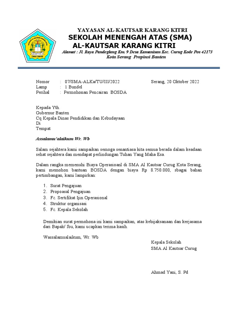 Surat Permohonan BOSDA 2022 | PDF