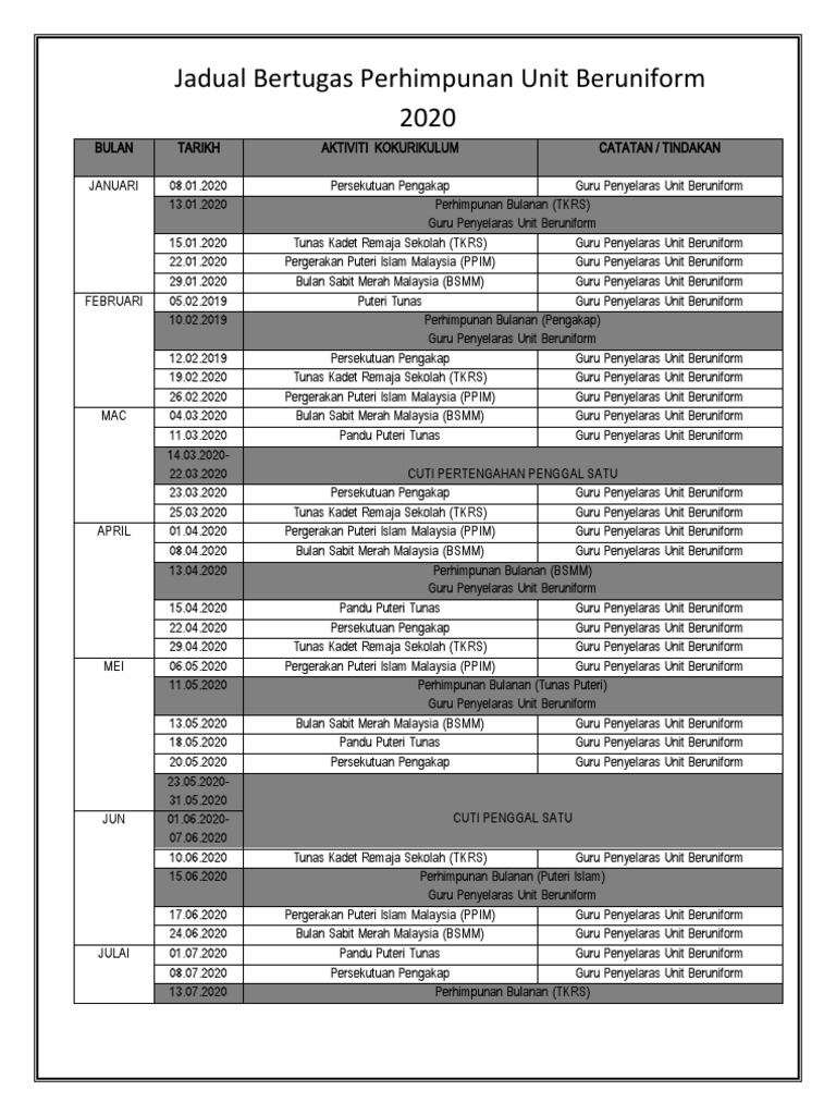 Jadual Bertugas Unit Uniform 2020 | PDF
