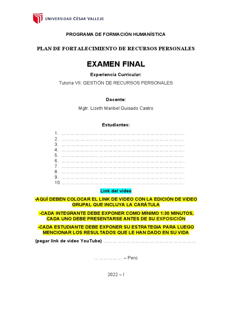 7° Esquema - Carátula Examen Final Tutoría Vii | PDF