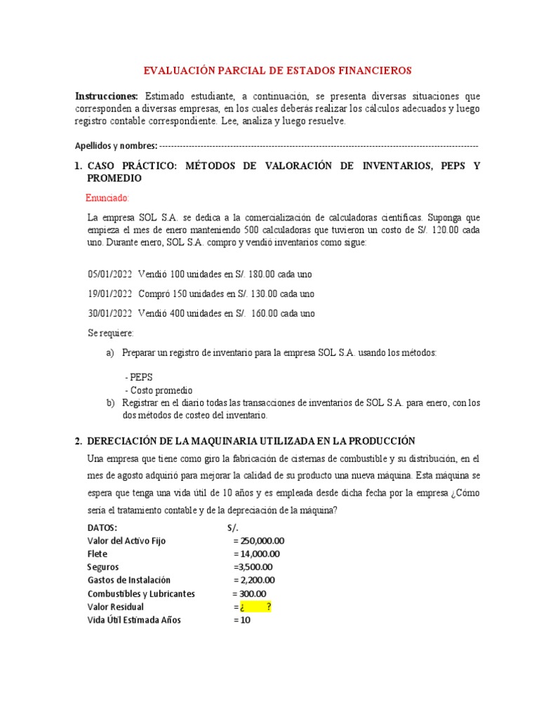Examen Parcial de Estados Financieros | PDF | Contabilidad | Depreciación