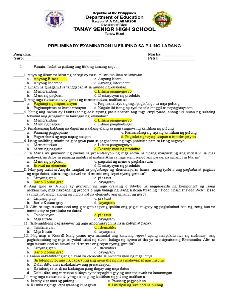 Filipino Sa Piling Larangan 1st Quarter With Anskey | PDF Filipino Sa Piling Larangan 1st Quarter With Anskey | PDF