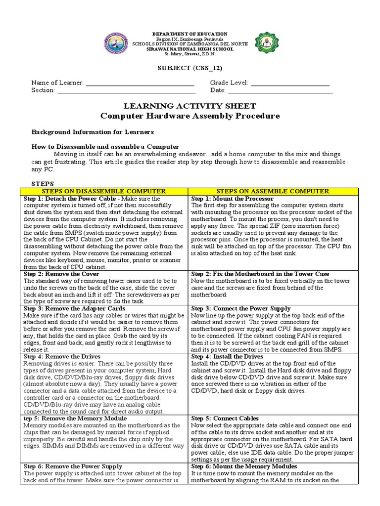 12 - LAS - WEEk1 Computer Hardware Assembly Procedure | PDF ...