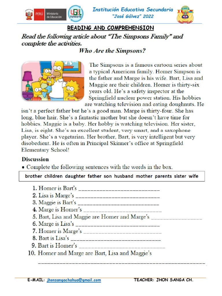 Reading and Comprehension Simpson Family | PDF