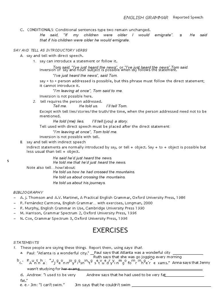 Say and Tell in Reported Speech Exercises | PDF | Linguistics | Grammar
