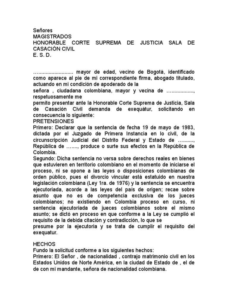 Demanda Exequatur Derecho I Privado | PDF | Divorcio | Sentencia (ley)