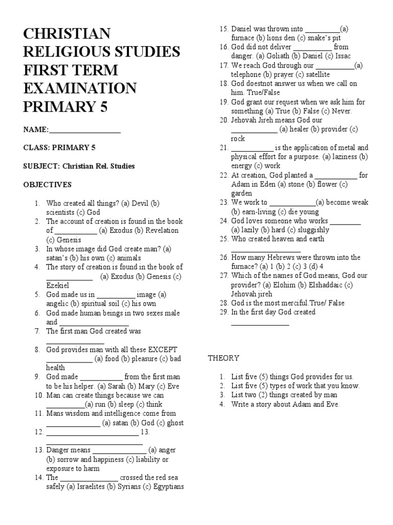Christian Religious Studies First Term Examination Primary 5 | PDF | Genesis Creation Narrative ...