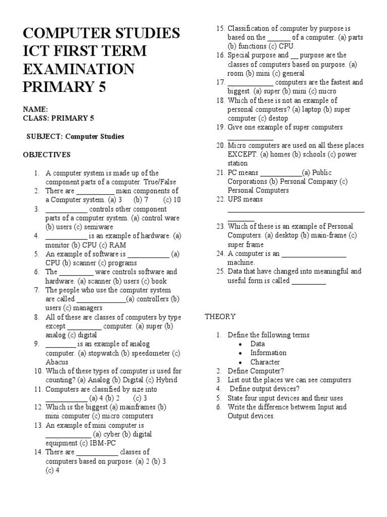 Computer Studies Ict First Term Examination Primary 5 | PDF | Input/Output | Personal Computers