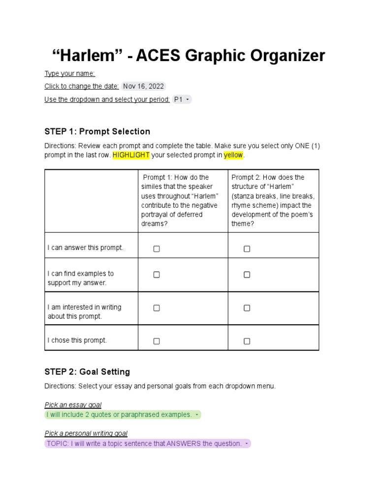 Harlem - Aces Graphic Organizer - Sample | PDF | Essays