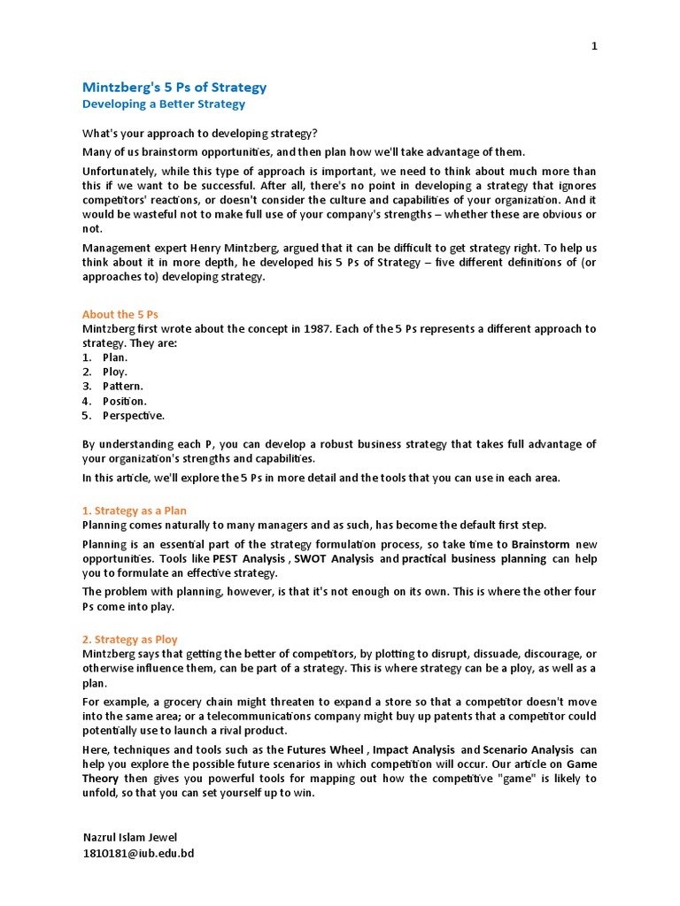 Strategic Options - Mintzberg 5 Ps of Strategy | PDF | Strategic ...
