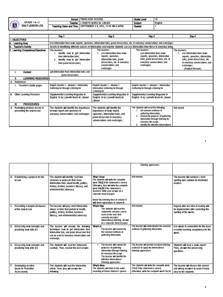 Daily-Lesson-Log f2f q1 w2 | PDF | Teachers | Learning