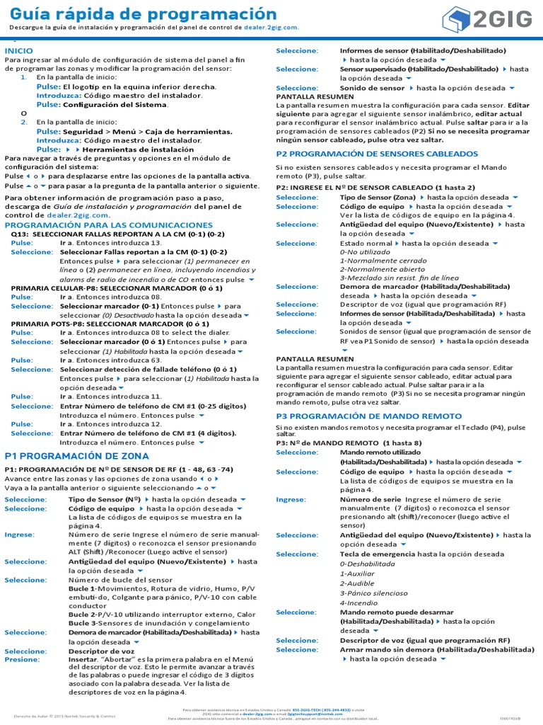 2gig Cp21 345 Security Automation Gc2 Control Panel System Quick Programming Guide Spanish | PDF ...