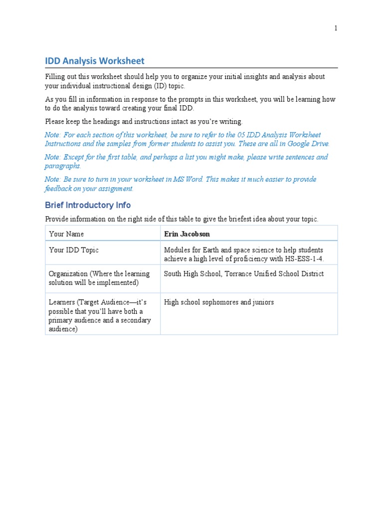Jacobson Erin Idd Analysis Worksheet Ist522 | PDF | Teaching ...