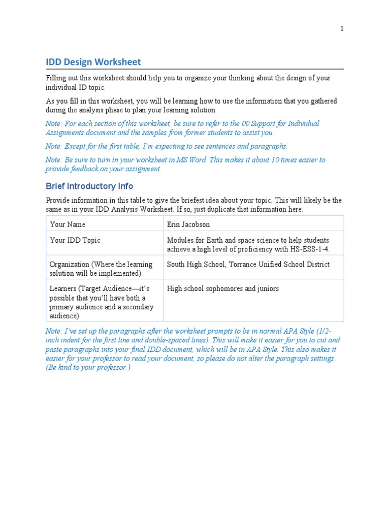 Jacobson Erin Idd Design Worksheet Ist522 | PDF | Teaching Method | Learning