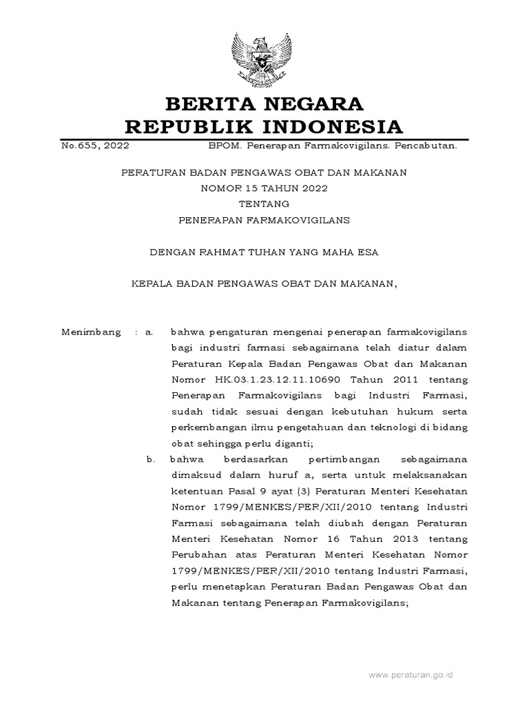 Peraturan BPOM No 15 Tahun 2022 | PDF