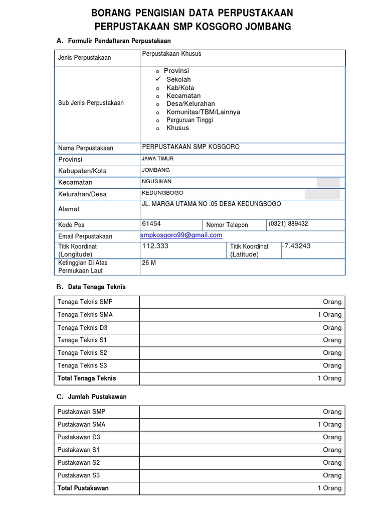 Borang Data Perpustakaan SMP Kosgoro Upload | PDF