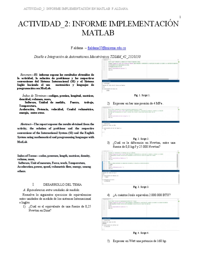 Comparto 'Fabio - Jose - Aldana - Actividad - 2 - Implementación Matlab'. | PDF | Cantidades ...