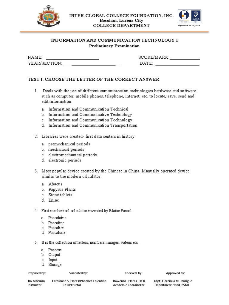 Ict 1 - Prelim Exam. | PDF | Input/Output | Computer Hardware