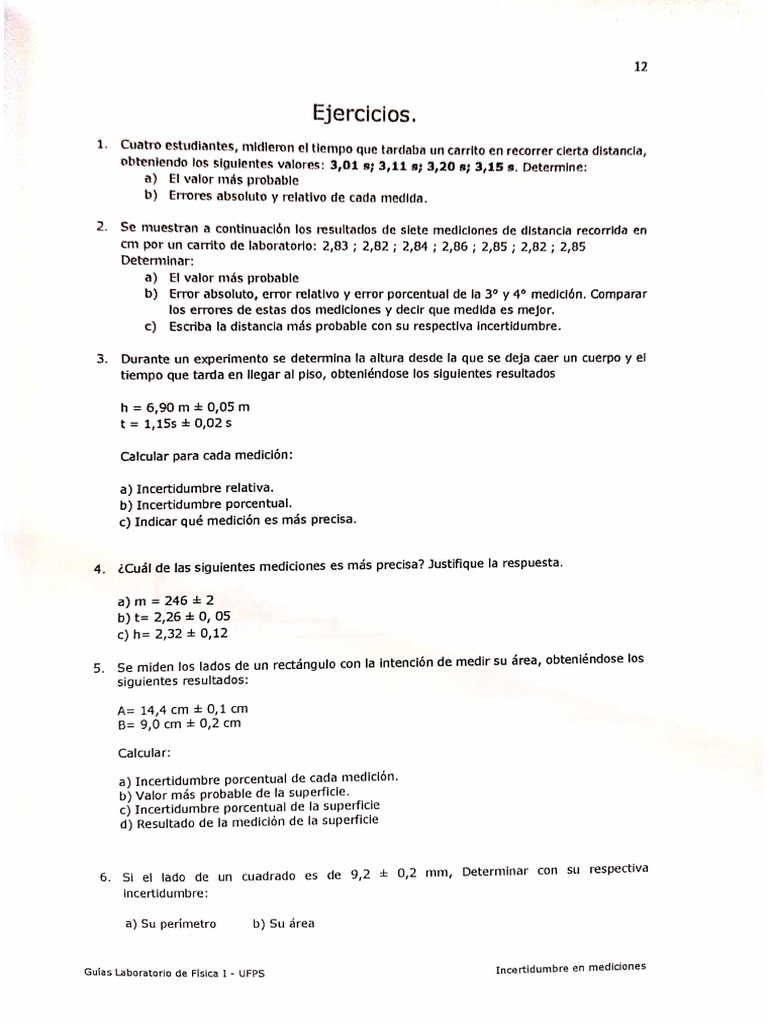 Ejercicios Incertidumbre en Mediciones | PDF