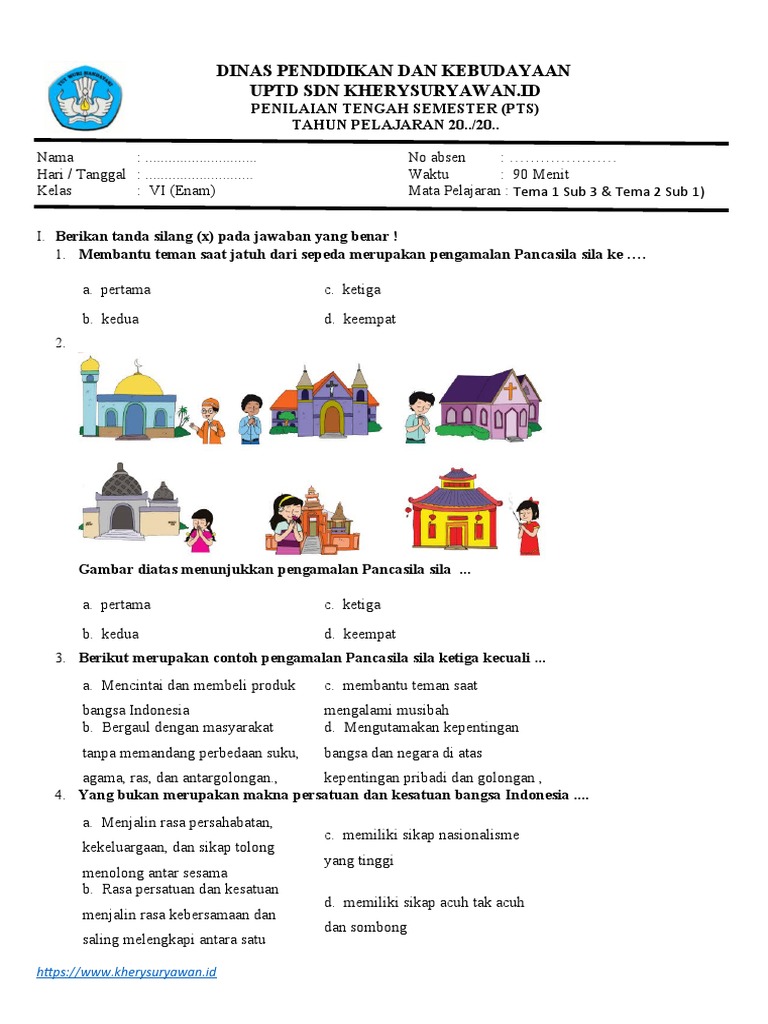 Soal Pts Kelas 6 Tema 1 Sub 3 Tema 2 Sub 1 - (WWW - Kherysuryawan.id) | PDF