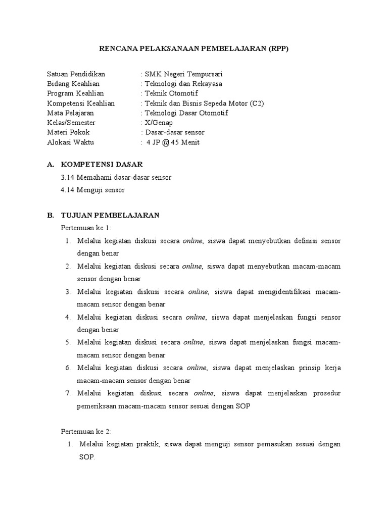 RPP KD. 3.14 RPP Memahami Dasar-Dasar Sensor | PDF | Karier & Perkembangan | Seni