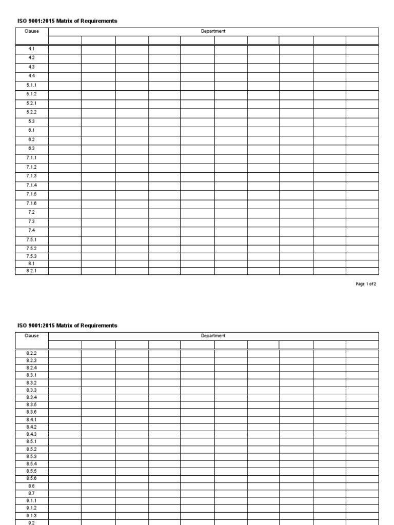 Exercise - Matrix of Requirements - ISO 9001-2015 | PDF