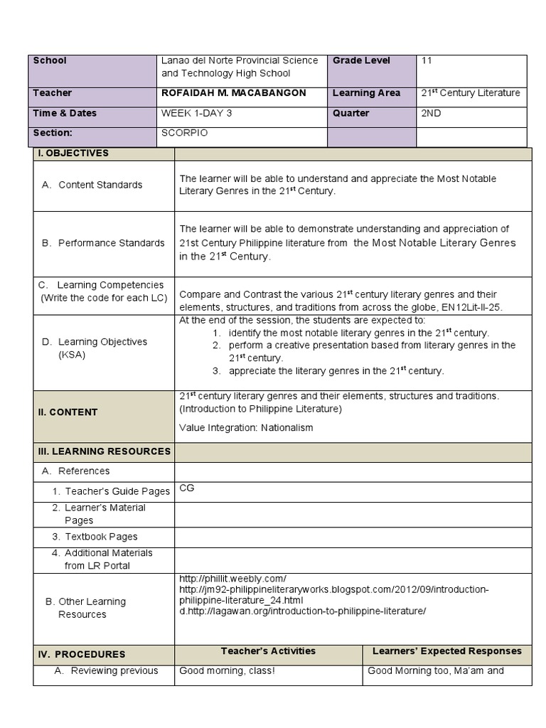 EN12Lit-Ia-21 Week 1 Day-1 | PDF | Rubric (Academic) | Learning