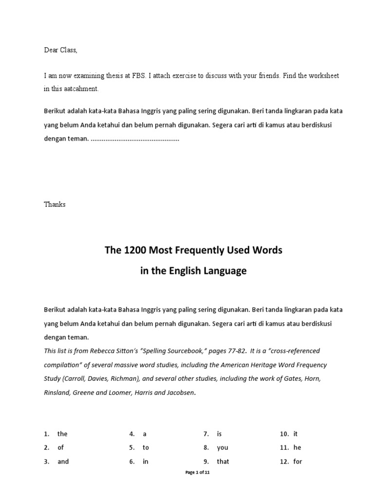1200 Most Common English Words List | PDF