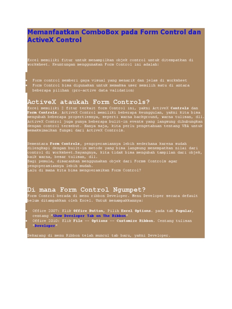 Memanfaatkan ComboBox Pada Form Control Dan ActiveX Control | PDF