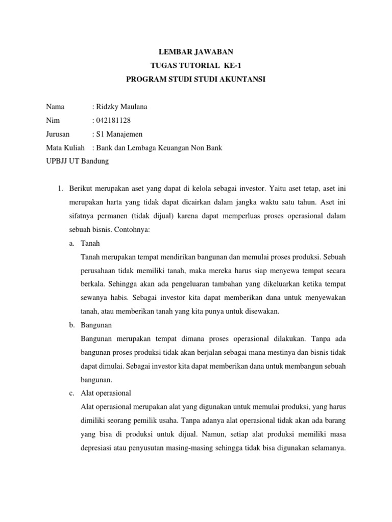 Bank Dan Lembaga Keuangan Non Bank (EKSI4205) Tugas1 - RidzkyMaulana - 042181128 | PDF