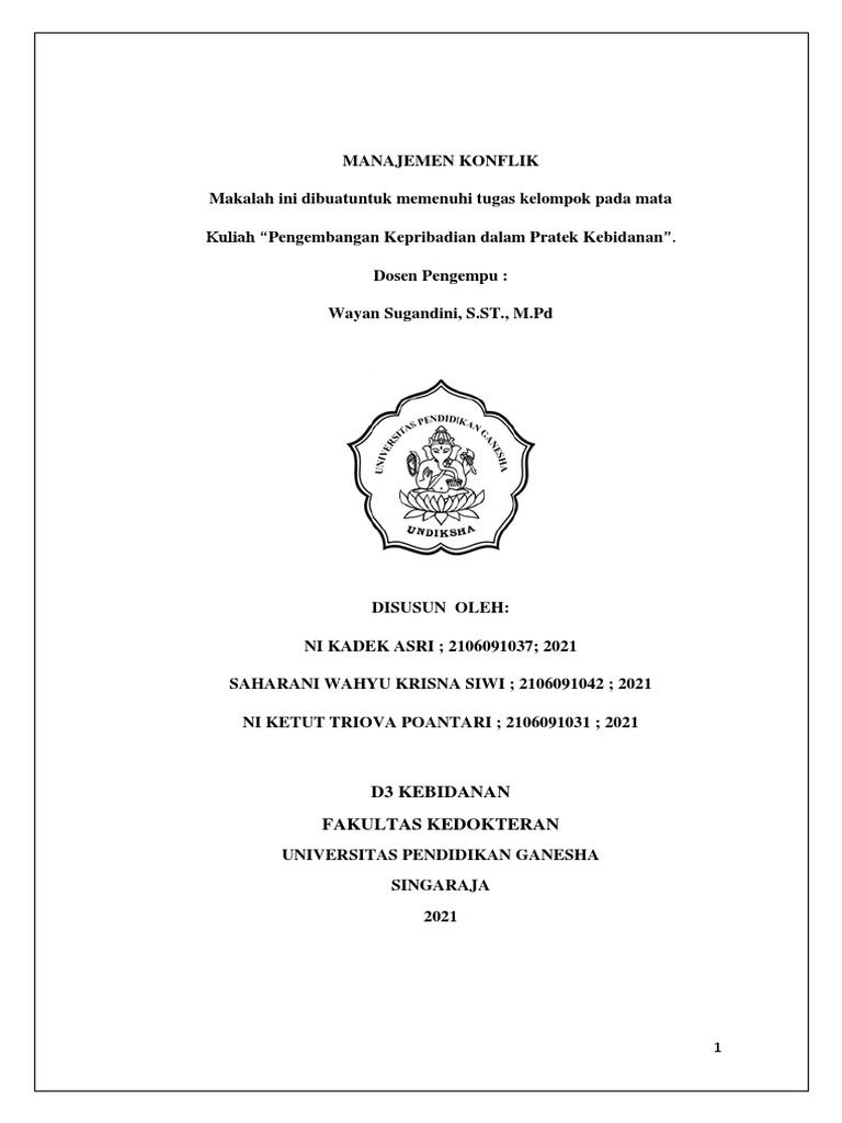 Makalah - Kepribadian - Kelompok 3 - KLS 1B - Manajemen Konflik | PDF