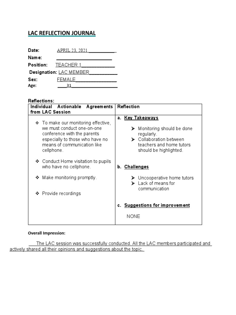 Lac Reflection Form Pdf