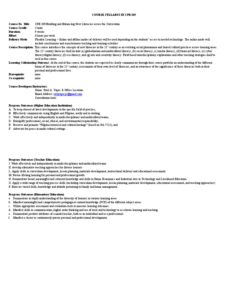 Revised CPE 109 Syllabus 1 | PDF | Teaching Method | Literacy