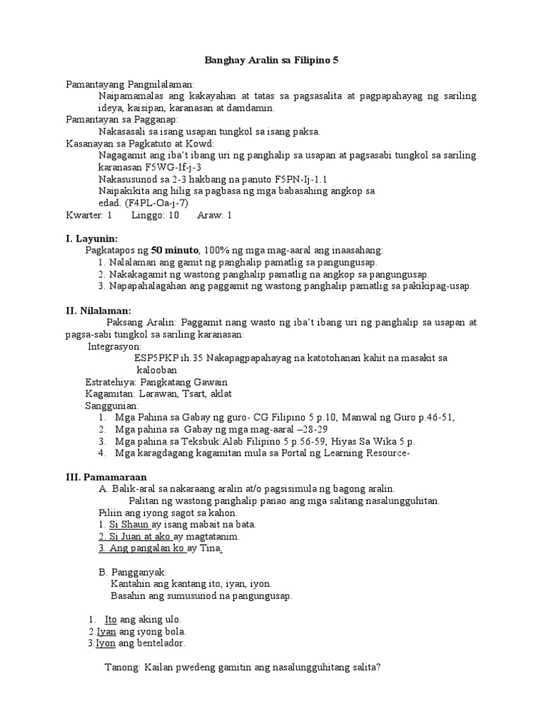 Banghay Aralin Sa Filipino 5 | PDF