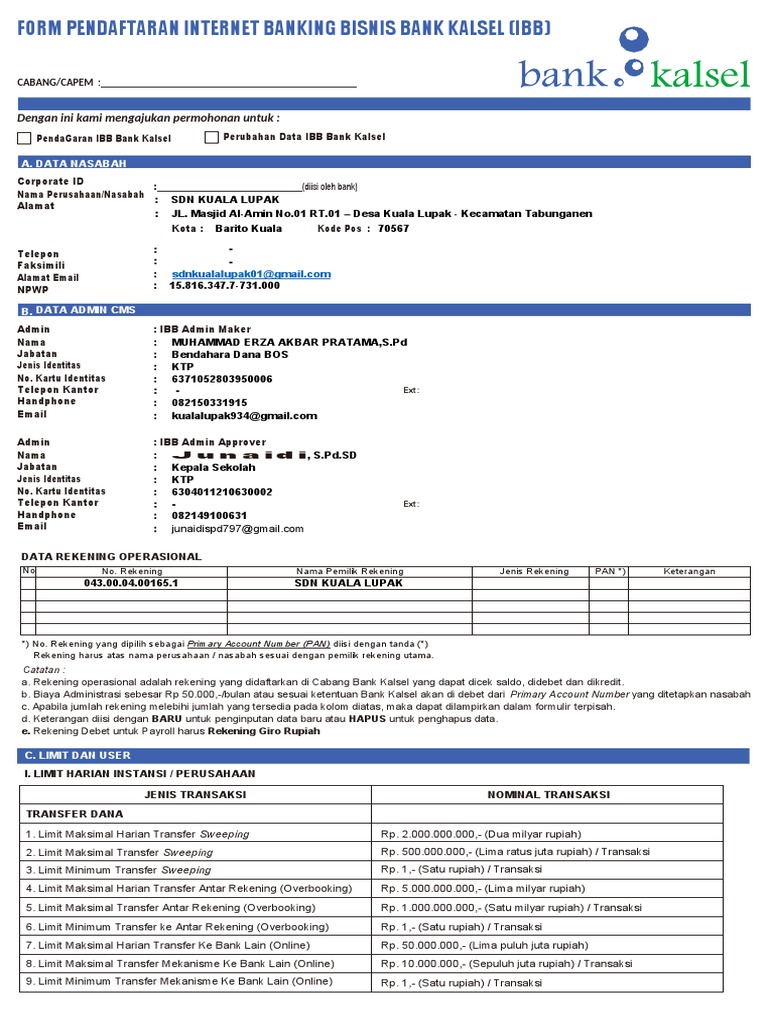 Form Pendaftaran Internet Banking Bisnis Bank Kalsel | PDF
