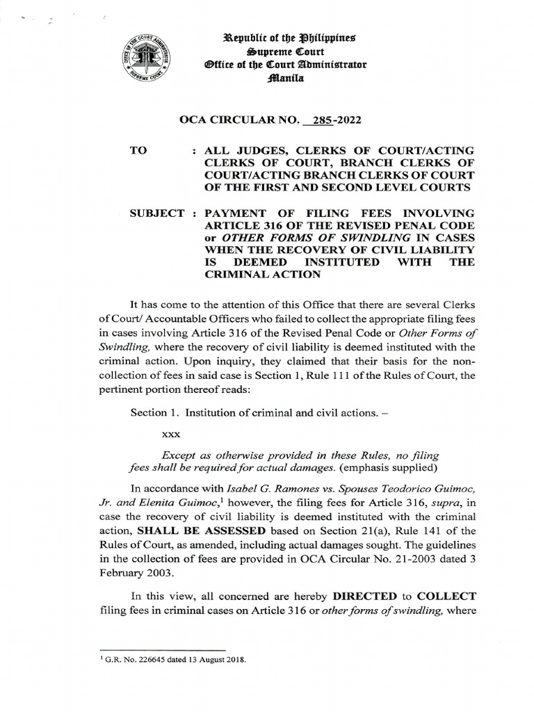 OCA Circular No. 285 2022 | PDF | Judiciaries | Government