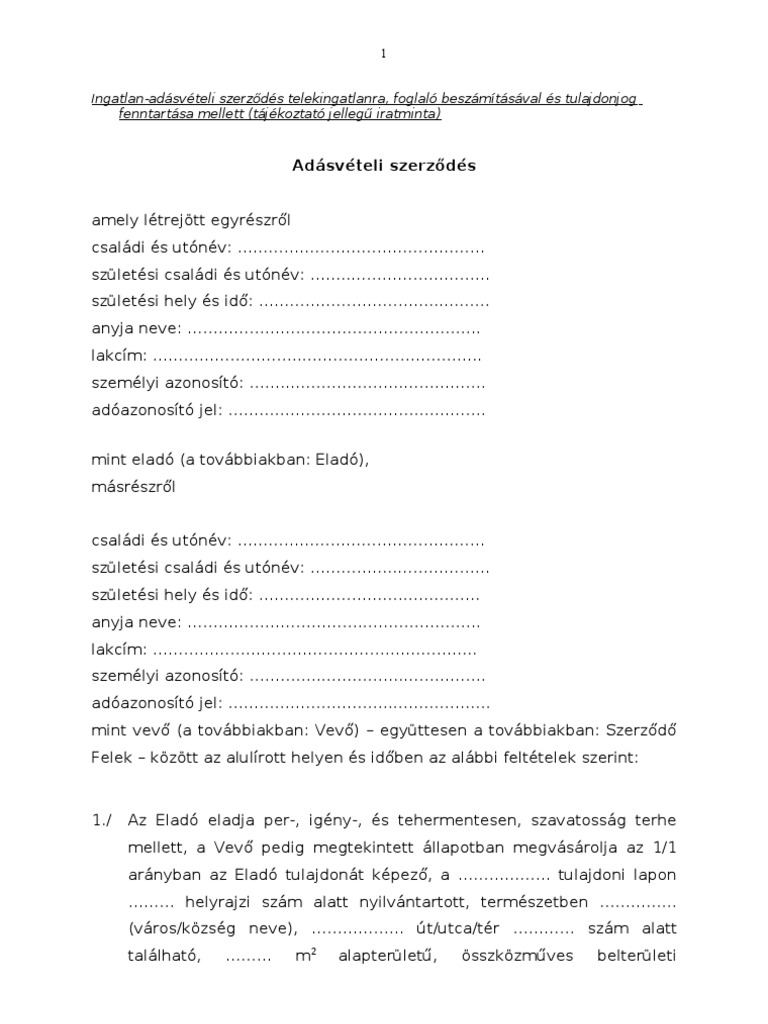 Építési Telekre Adásvételi Szerződés - HázVadász Ingatlaniroda | PDF