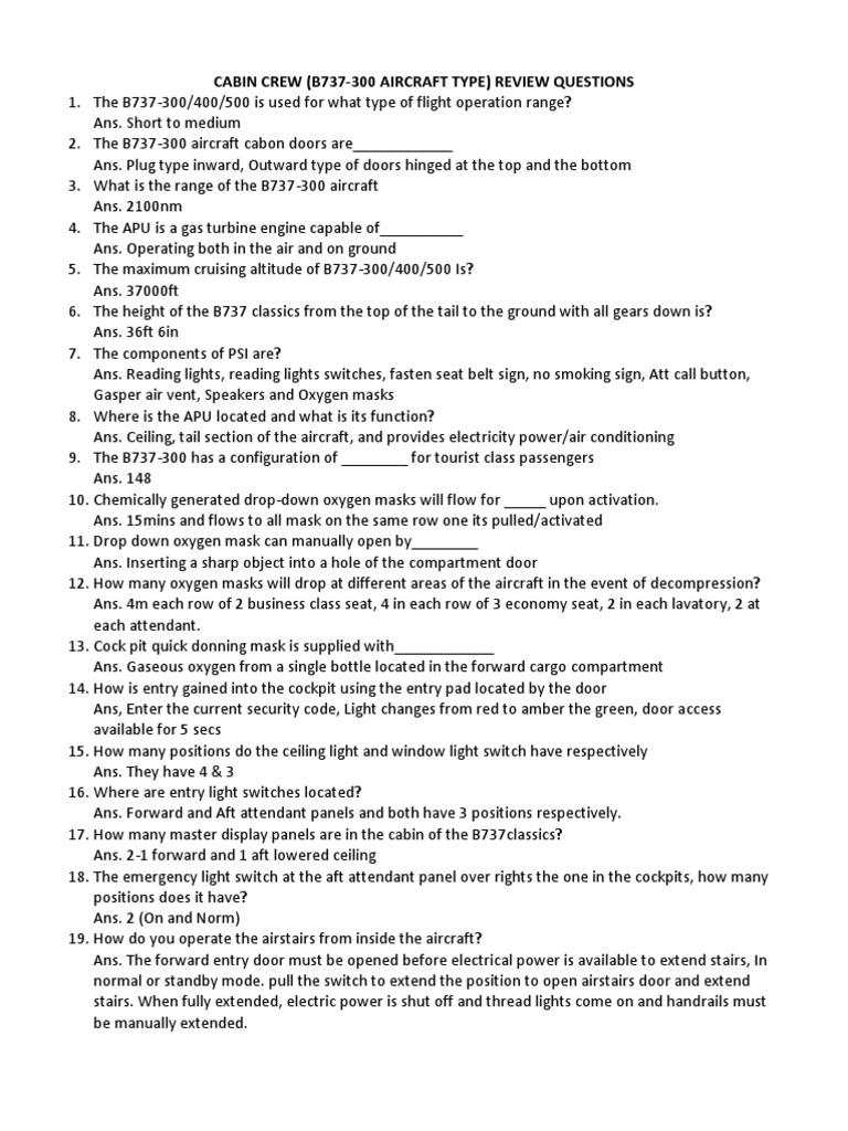 Cabin Crew Review Questions | PDF | Flight Attendant | Cockpit