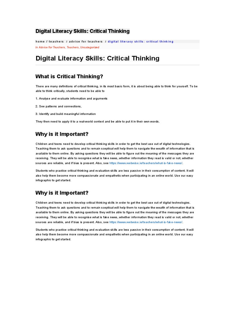 WAYS TO TEACH Digital Literacy Skills | PDF | Critical Thinking ...