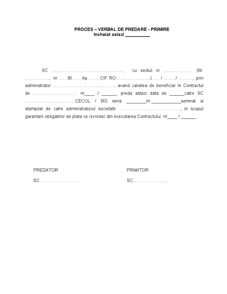 Proces Verbal de Predare Primire CEC - Bilet La Ordin