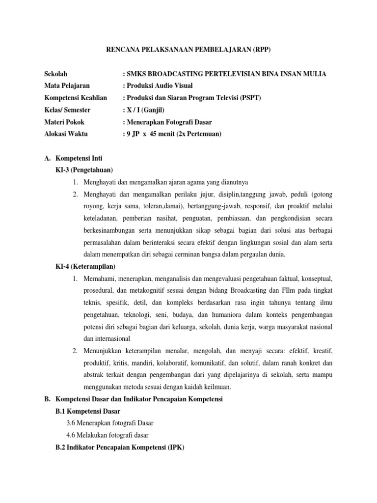 RPP Fotografi Dasar Kelas X | PDF | Seni | Sains & Matematika