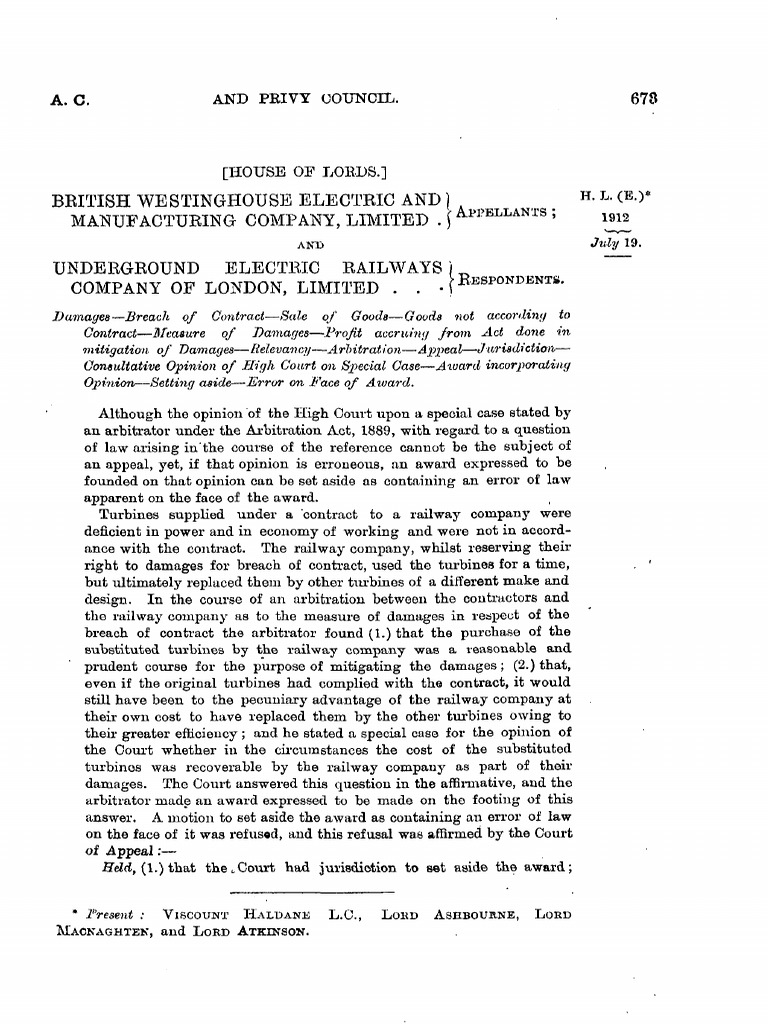 British Westinghouse Co V Underground Ry (1912) A.C. 673 | PDF ...
