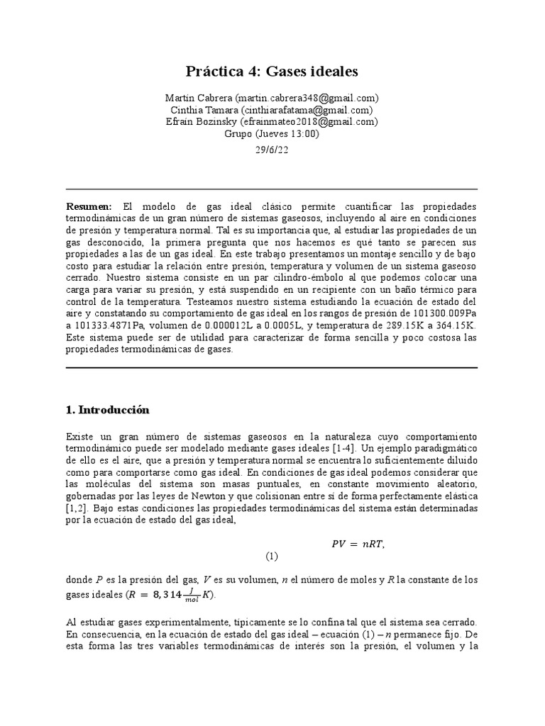 Práctica 4 - Gases Ideales | PDF | Gases | Temperatura