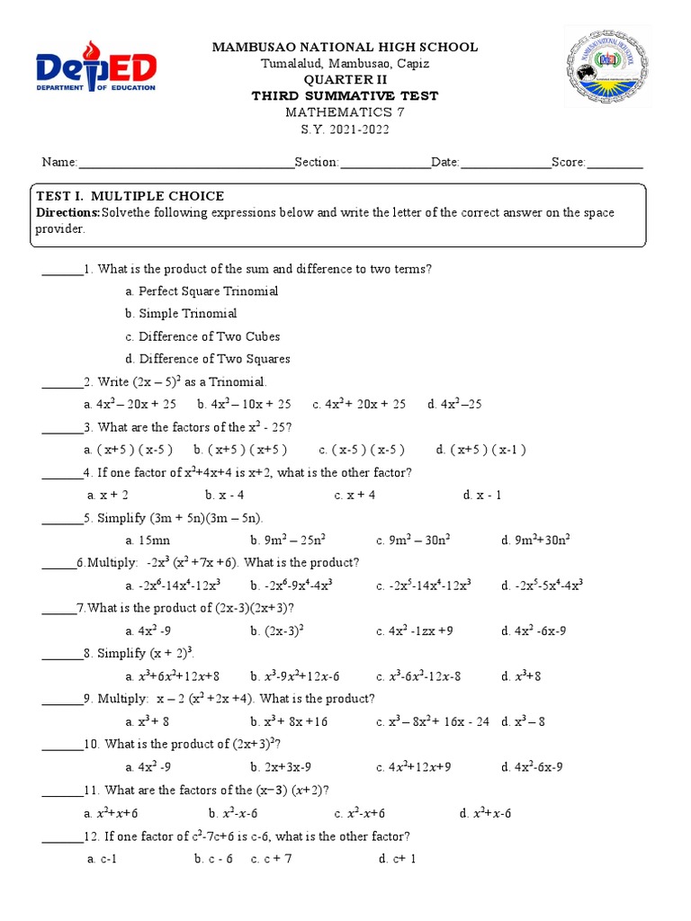 Mambusao Math Test Review | PDF | Summation | Algebra
