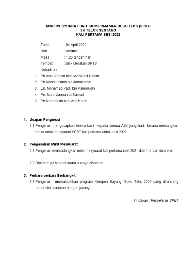 Minit Mesyuarat 1 SPBT 20221 | PDF
