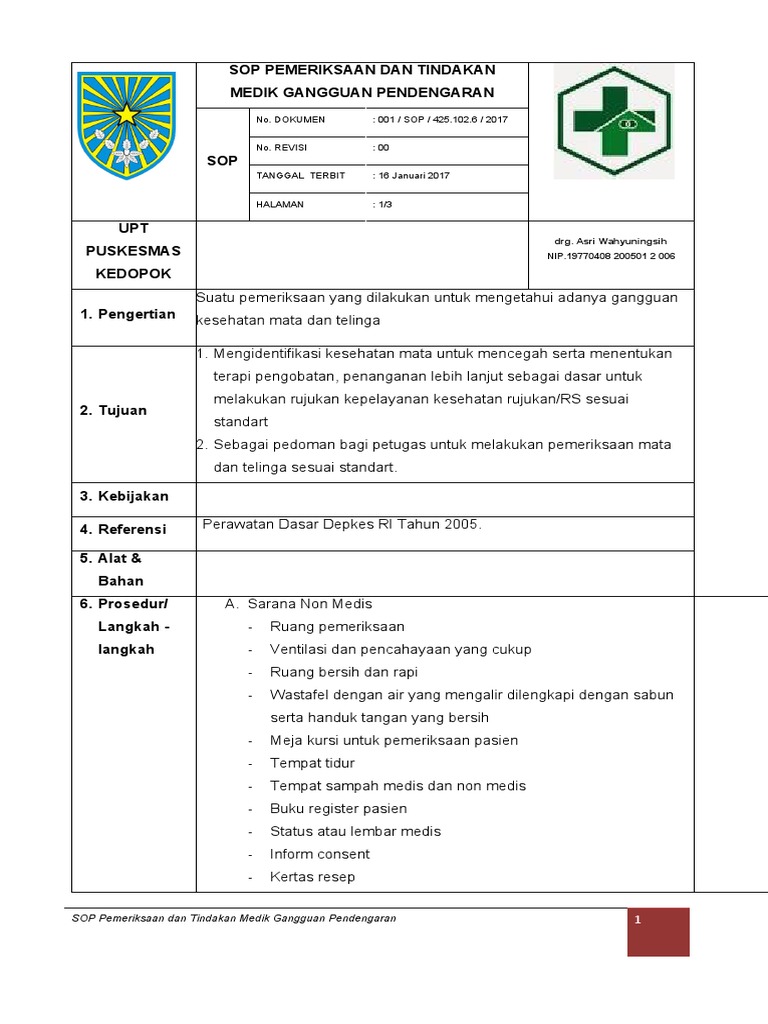 Sop Pemeriksaan Dan Tindakan Medik Gangguan Pendengaran | PDF Sop Pemeriksaan Dan Tindakan Medik Gangguan Pendengaran | PDF