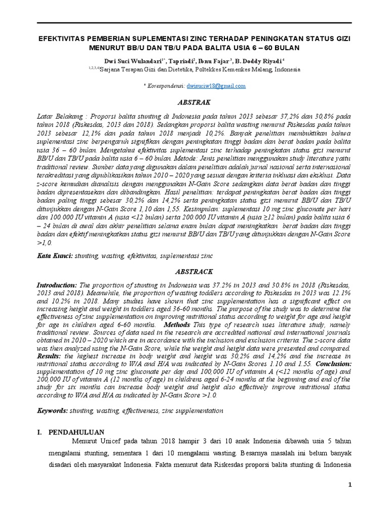 Efektivitas Pemberian Suplementasi Zinc Terhadap Peningkatan Status Gizi Menurut Bbu Dan Tbu ...