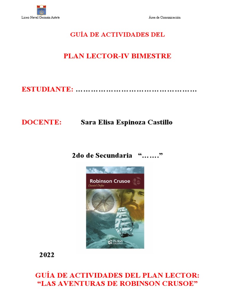 Guia de Actividades - Robinson Crusoe - Plan Lector 2 Sec - 2022 | PDF | Robinson Crusoe