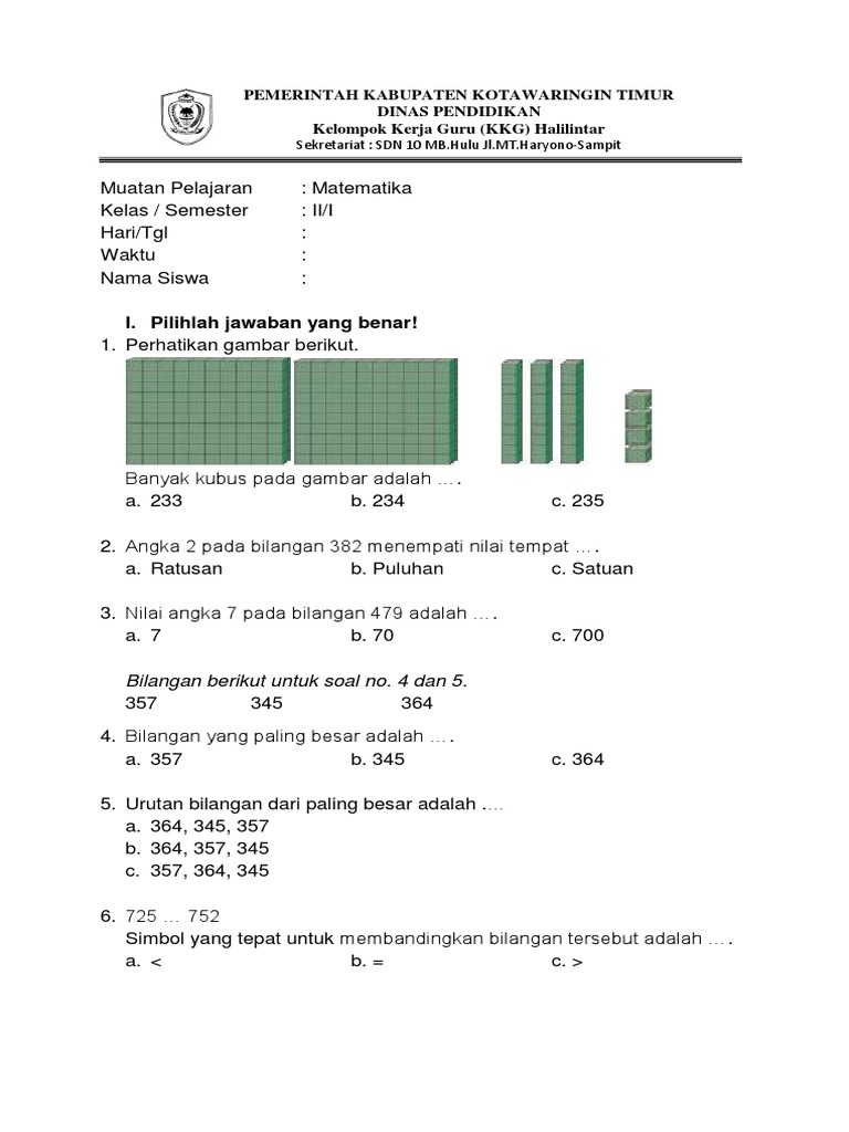 Soal UTS Matematika Kelas 2 Semester 1 2022-2023 | PDF